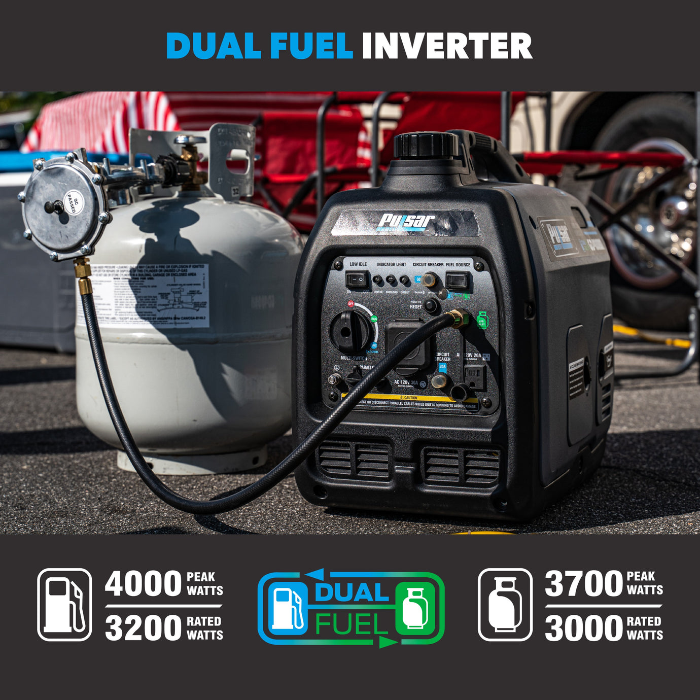 4,000 Watt Dual-Fuel Inverter Generator GD400BN – Pulsar Power Equipment