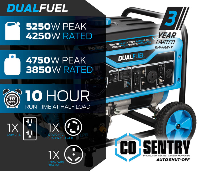 5,250 Watt Dual-Fuel Portable Generator with CO Sentry PG5250BCO ...