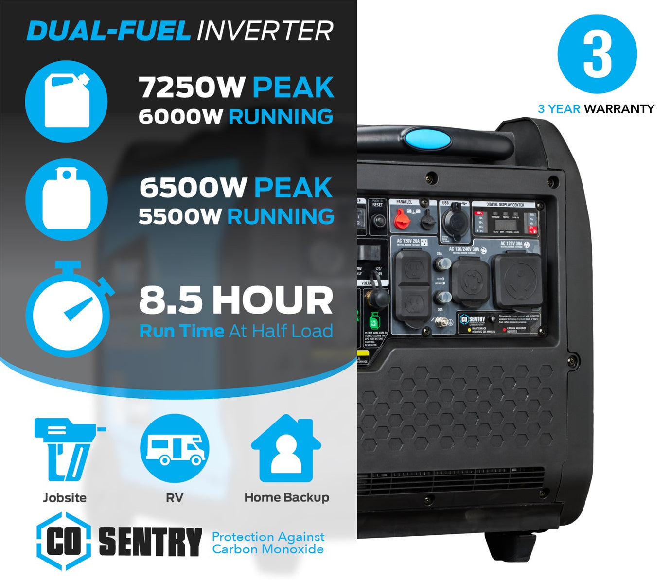 7,250 Watt Dual-Fuel Inverter Generator with CO Sentry PGDA70BiSCO ...